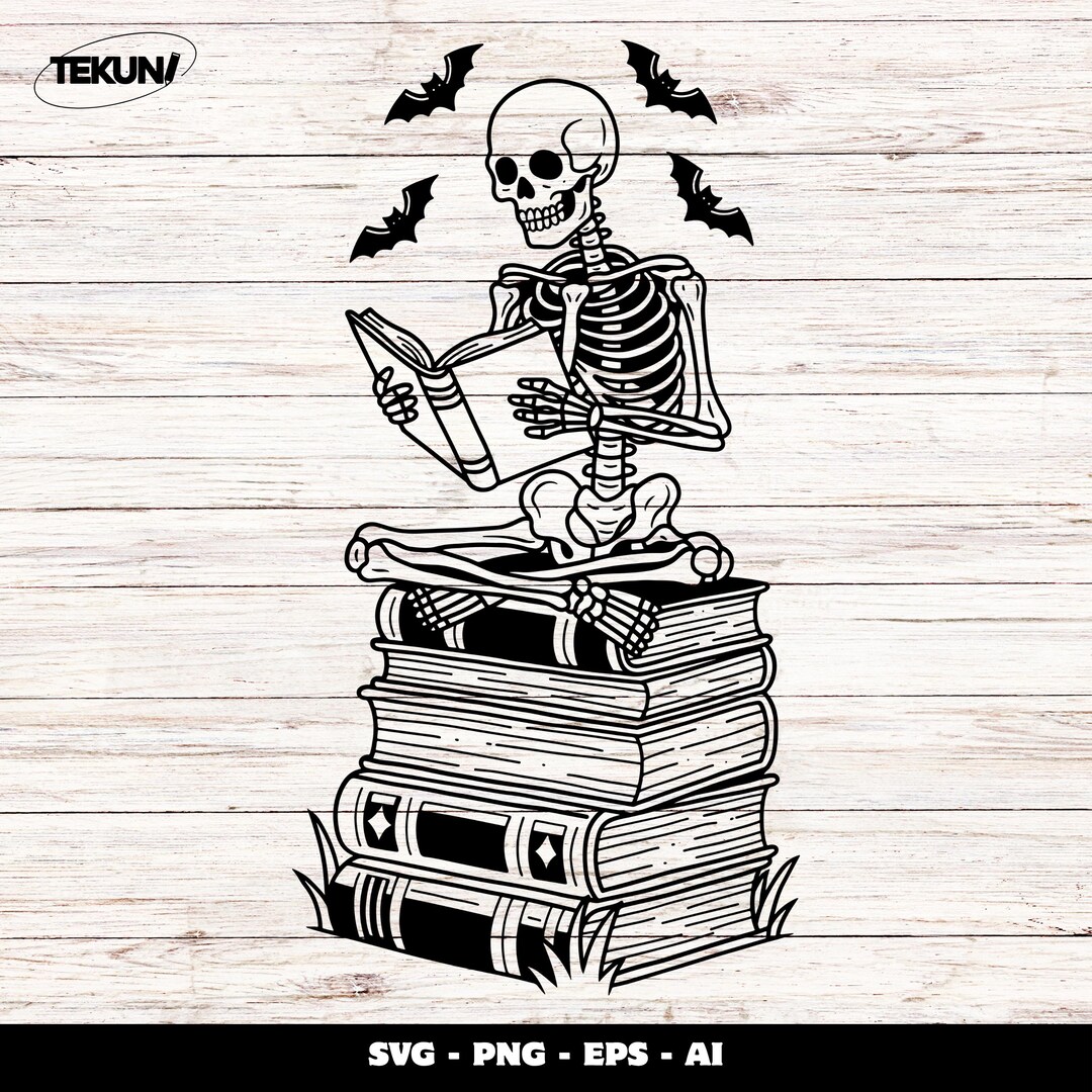 Skeleton Reading Books Vector, Skull Illustration With Bats and Stack ...