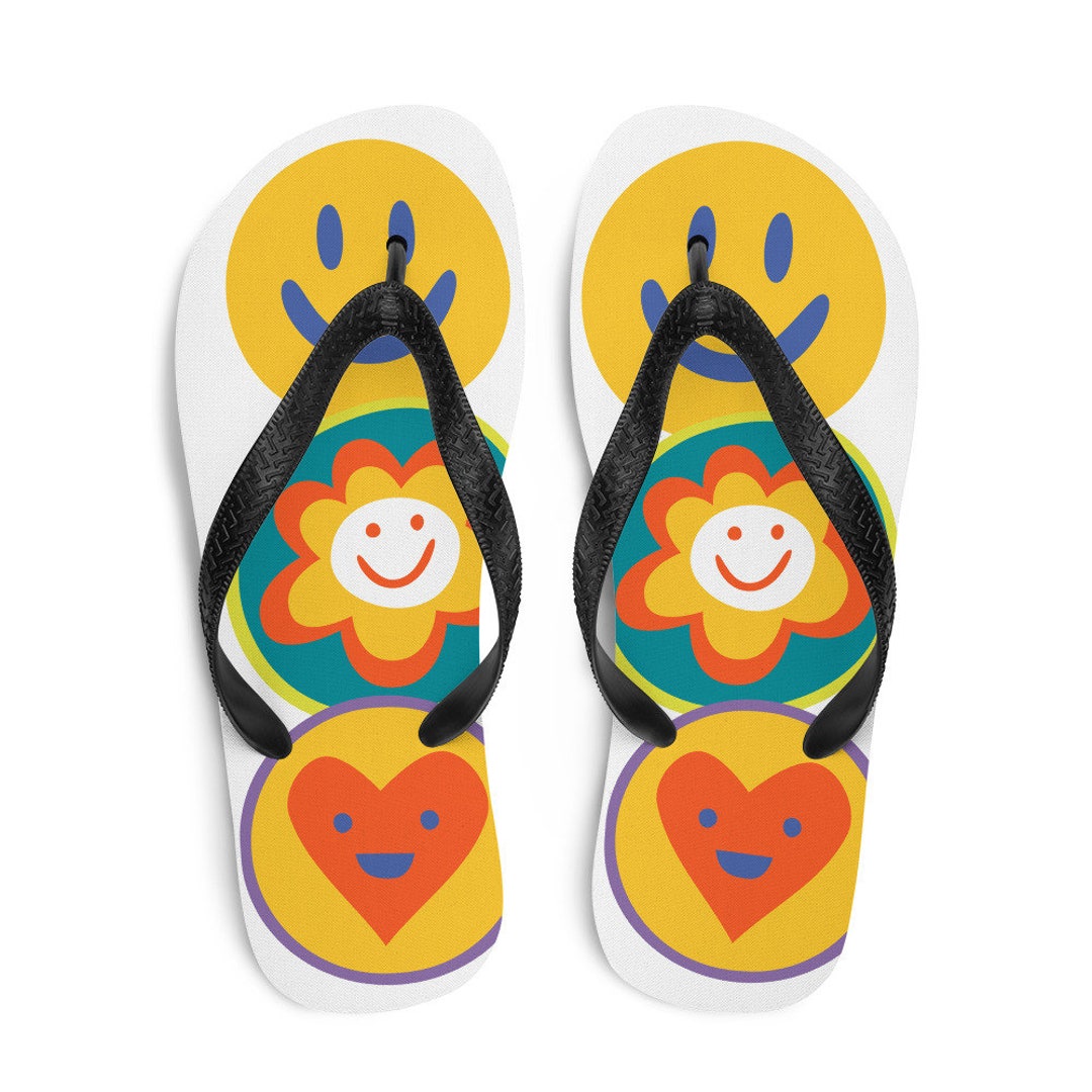 Smiley Face Flower Heart Flip Flops, Retro Summer Beach Sandals - Etsy
