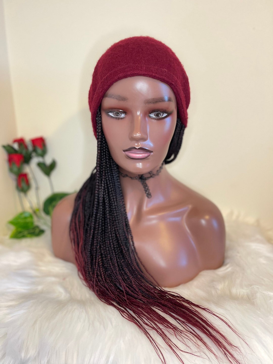 Red Beret Braided Hat Wig Hat Wig With Braiding Hair Attached Chemo Hat ...
