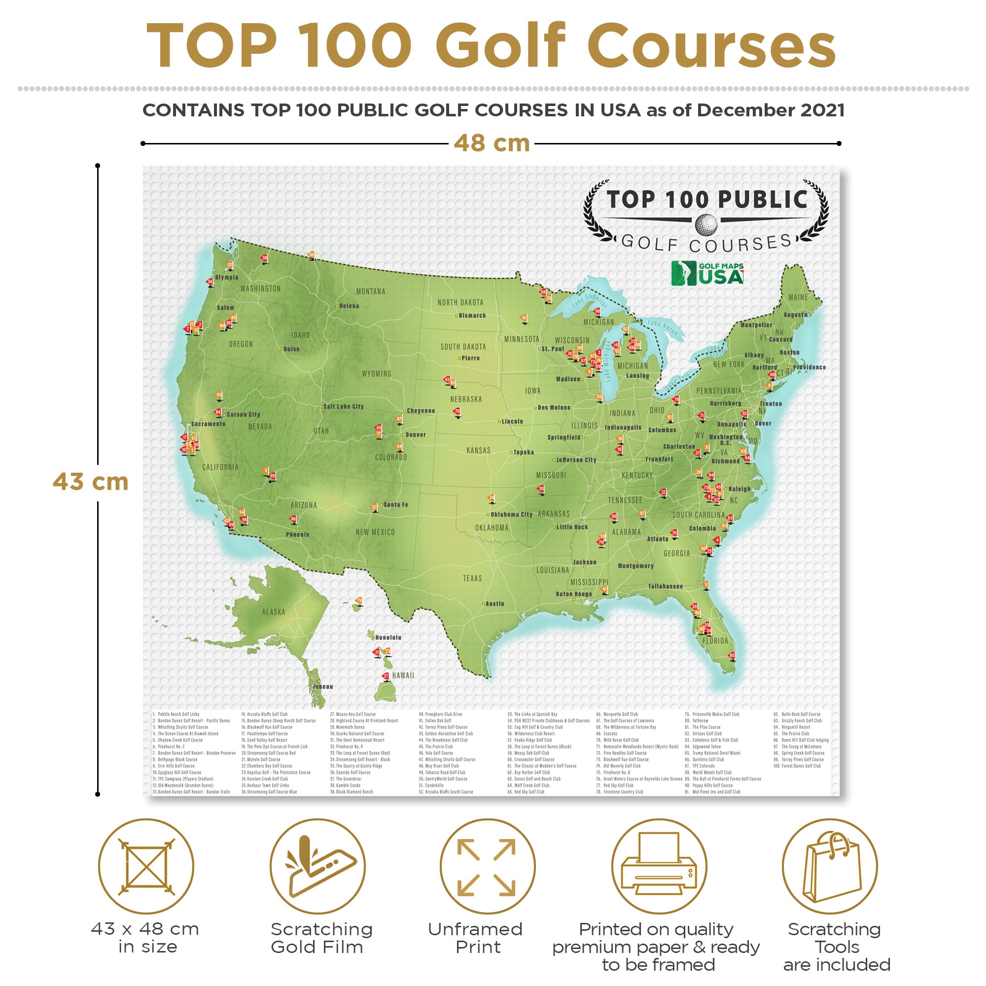 USA Golf Course Tracking Map - Top 100 Public Courses - Unique Gift for ...