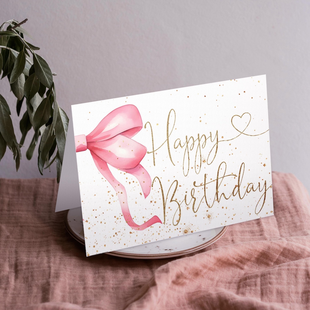 Pink Bow Birthday Card Pink Gold Happy Birthday Card Printable Cute