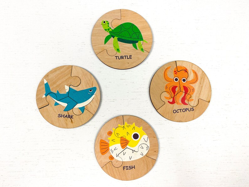 Handcrafted Wooden Sea Animal Puzzles: Montessori Toy, Set of 4 - Etsy
