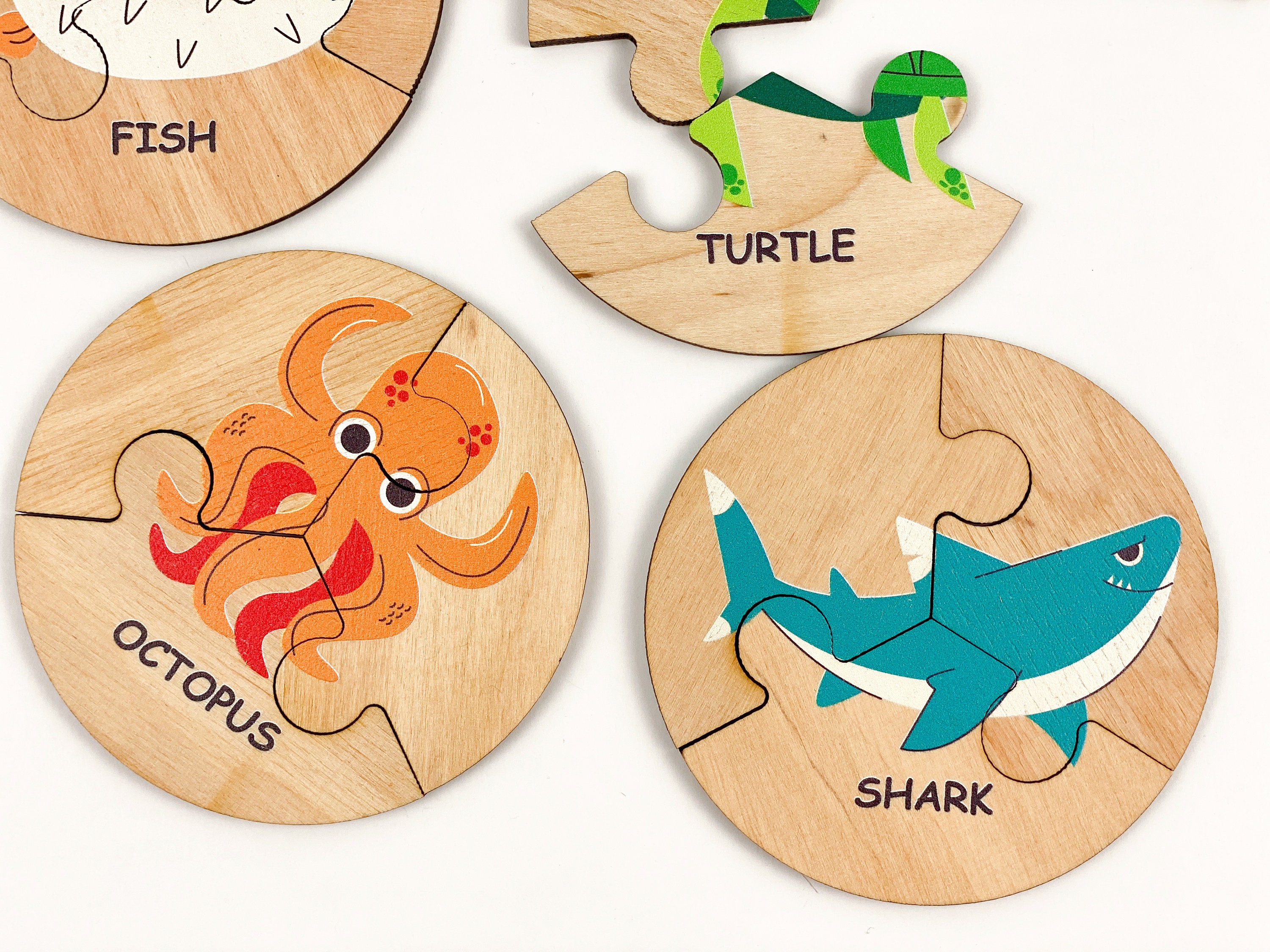 Handcrafted Wooden Sea Animal Puzzles: Montessori Toy, Set of 4 - Etsy