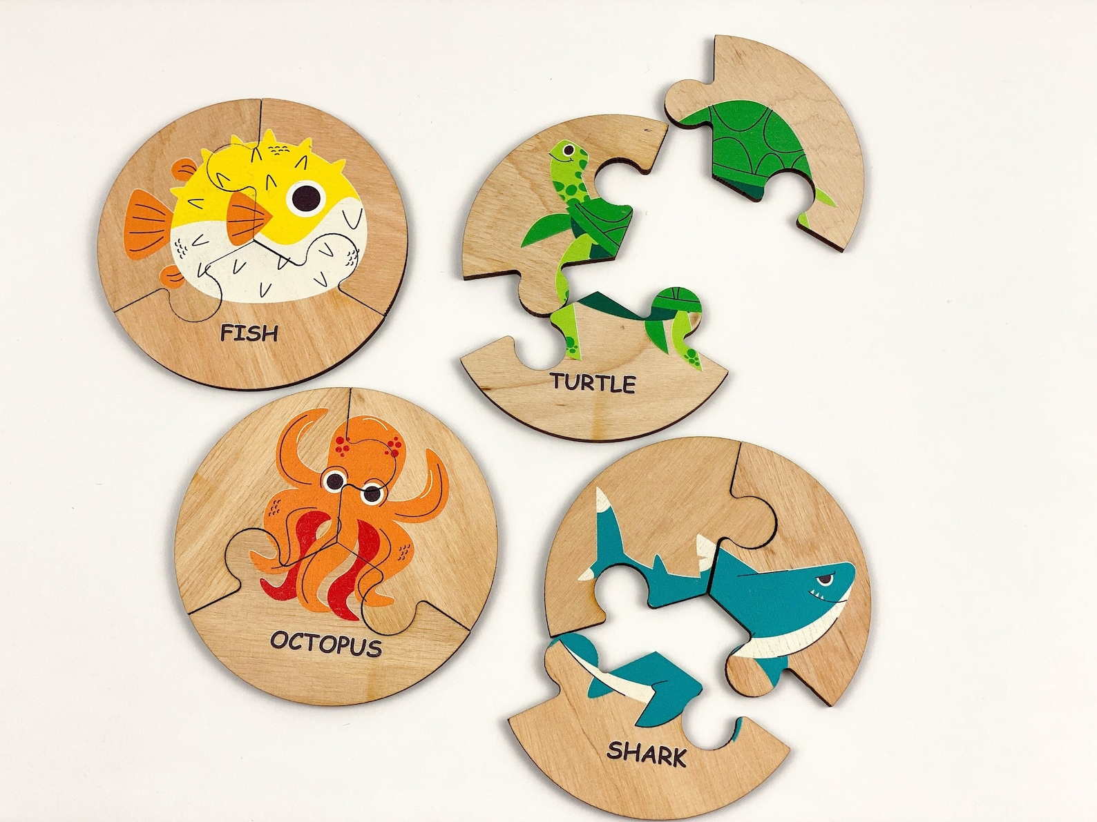 Handcrafted Wooden Sea Animal Puzzles: Montessori Toy, Set of 4 - Etsy