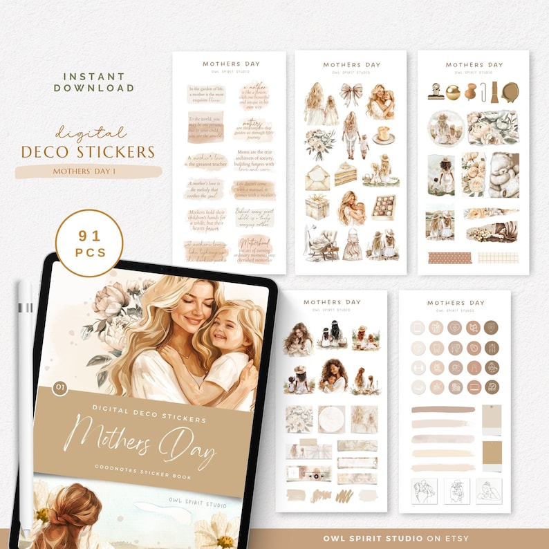 Aesthetic Mothers Day Digital Planner Stickers, Watercolor Mothers Day ...