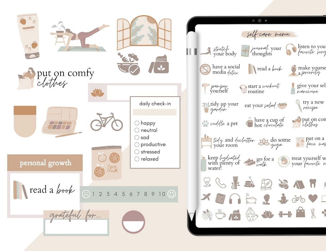 Self-care Digital Stickers for Goodnotes Wellness Stickers in Neutral ...
