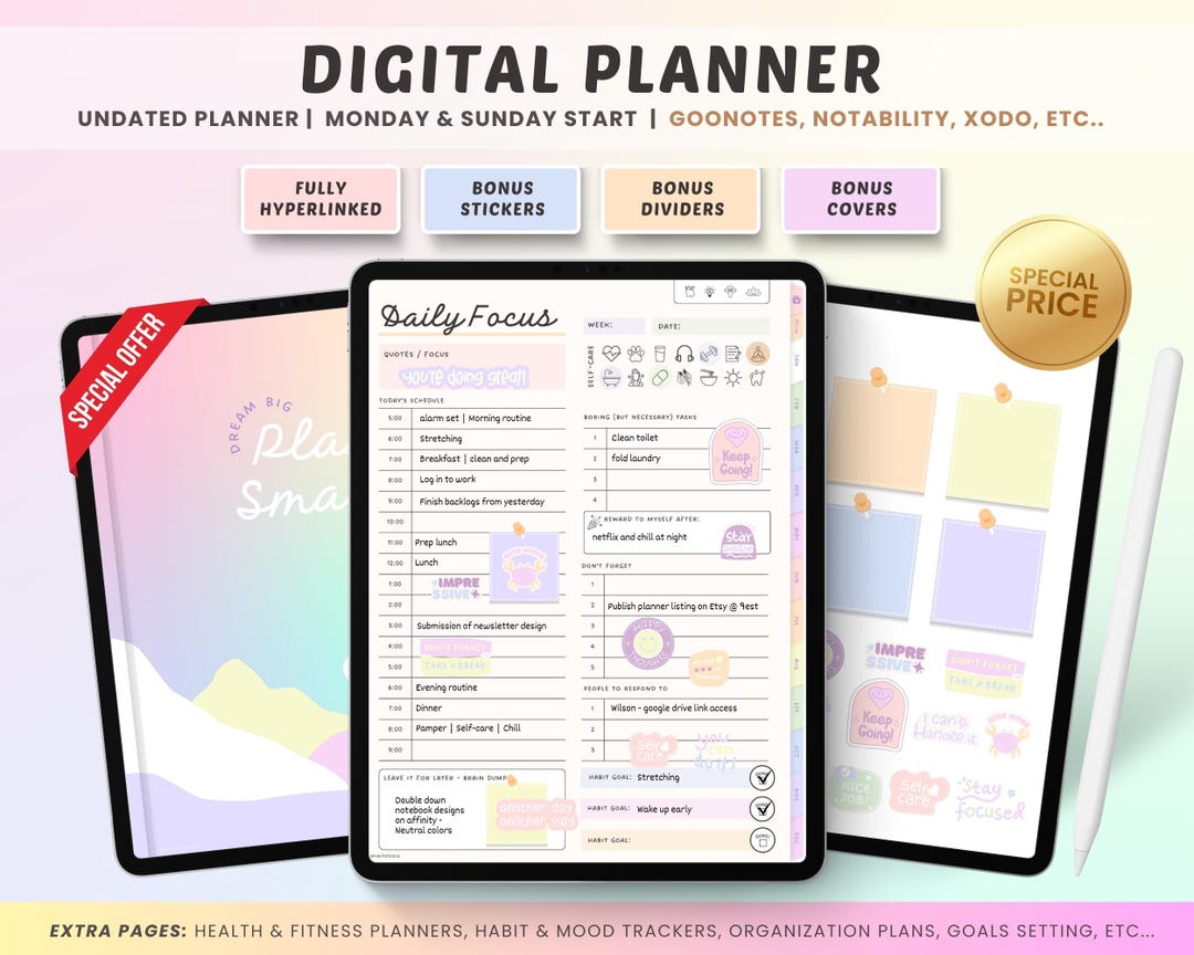 Rainbow Digital Daily Planner, Goodnotes Planner, Undated Planner ...