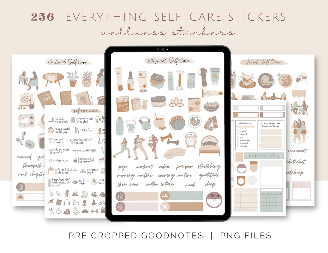 Self-care Digital Stickers for Goodnotes Wellness Stickers in Neutral ...