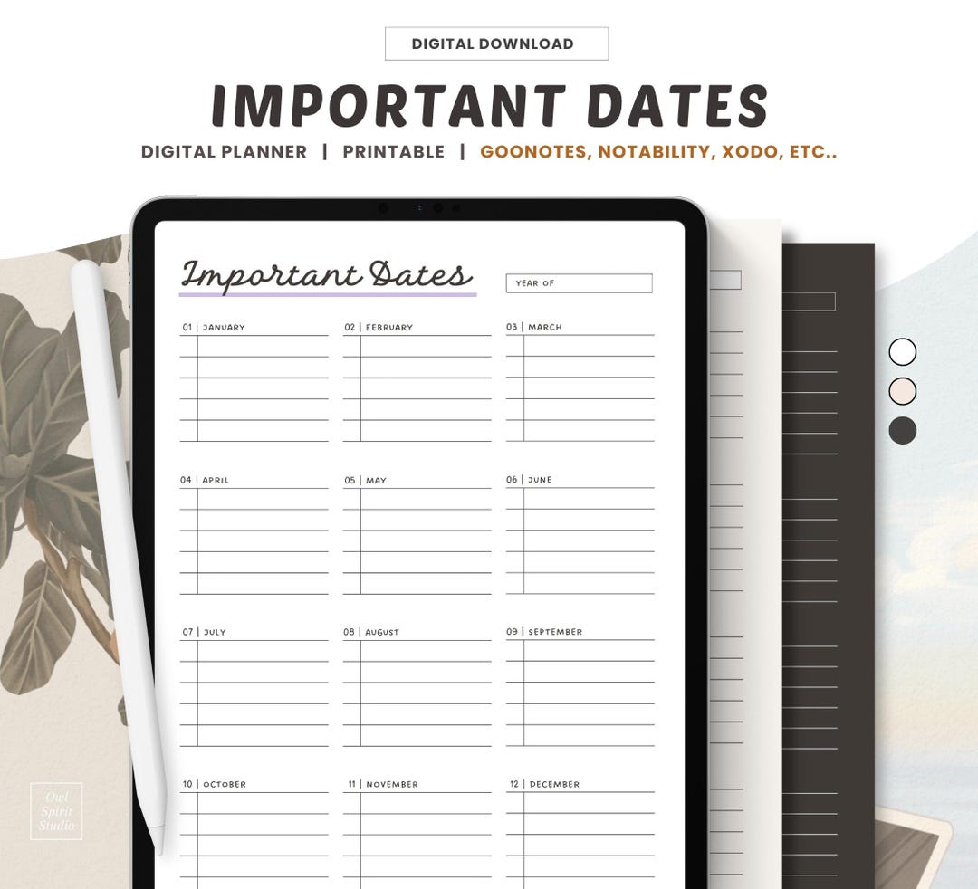 Important Dates Planner Insert, Yearly Goodnotes Template, Planner ...