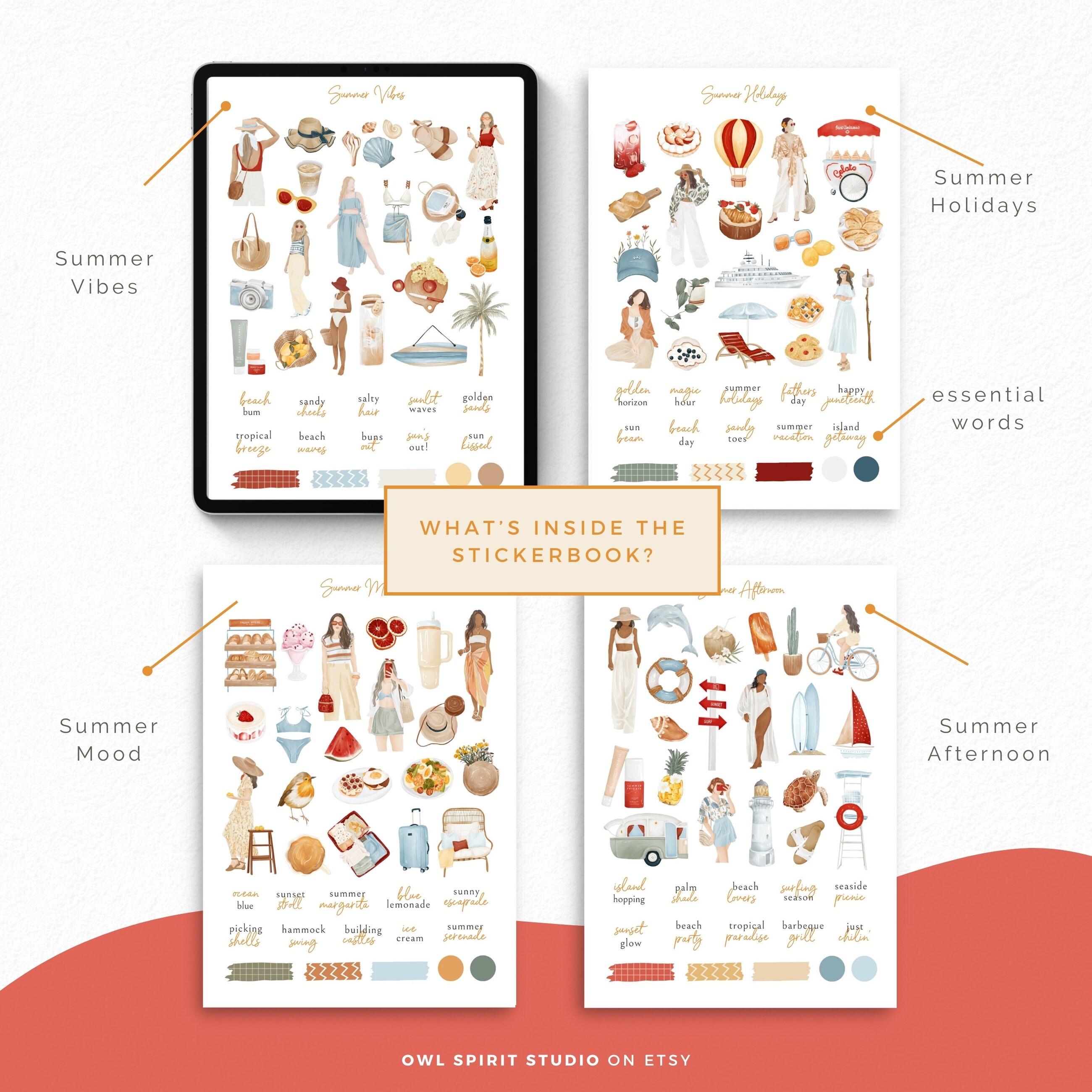 Aesthetic Summer Season Watercolor Digital Planner Stickers, Hand Drawn ...