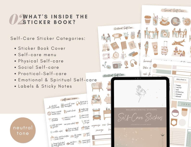 Self-care Digital Stickers for Goodnotes Wellness Stickers in Neutral ...