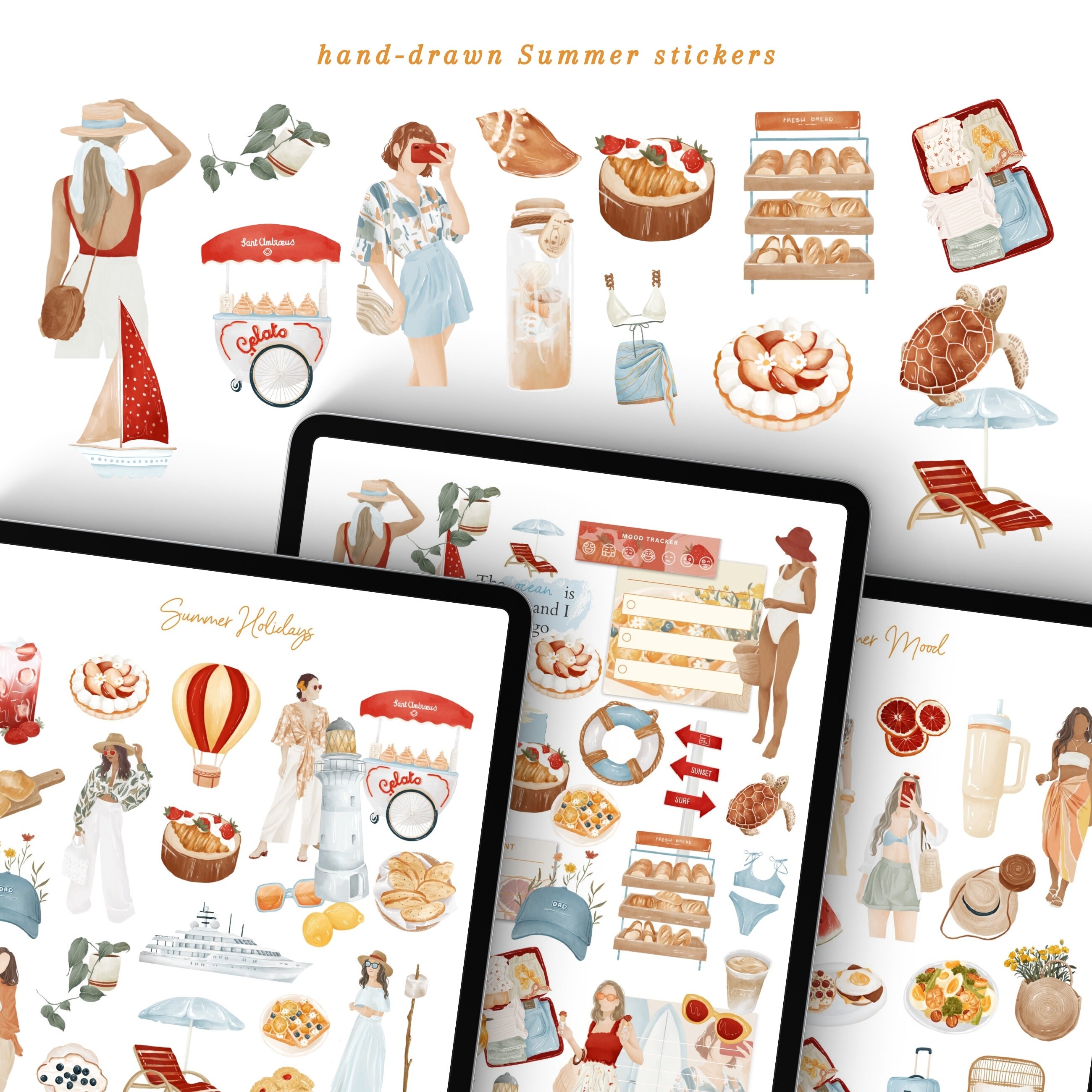 Aesthetic Summer Season Watercolor Digital Planner Stickers, Hand Drawn ...