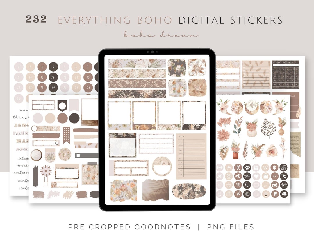 Boho Goodnotes Digital Stickers in Neutral Color, Soft Bohemian Florals ...