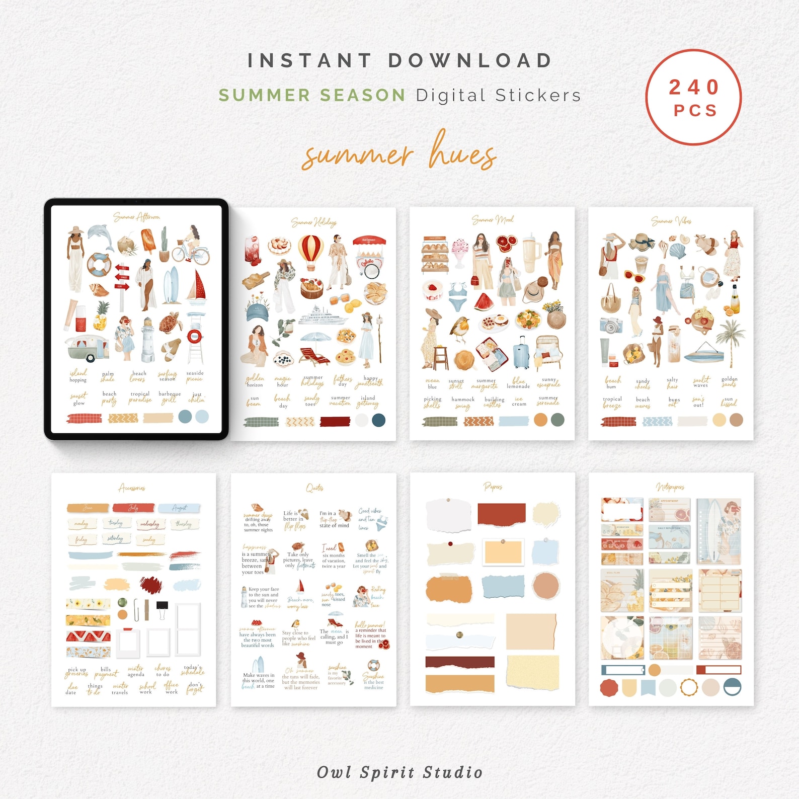 Aesthetic Summer Season Watercolor Digital Planner Stickers, Hand Drawn ...