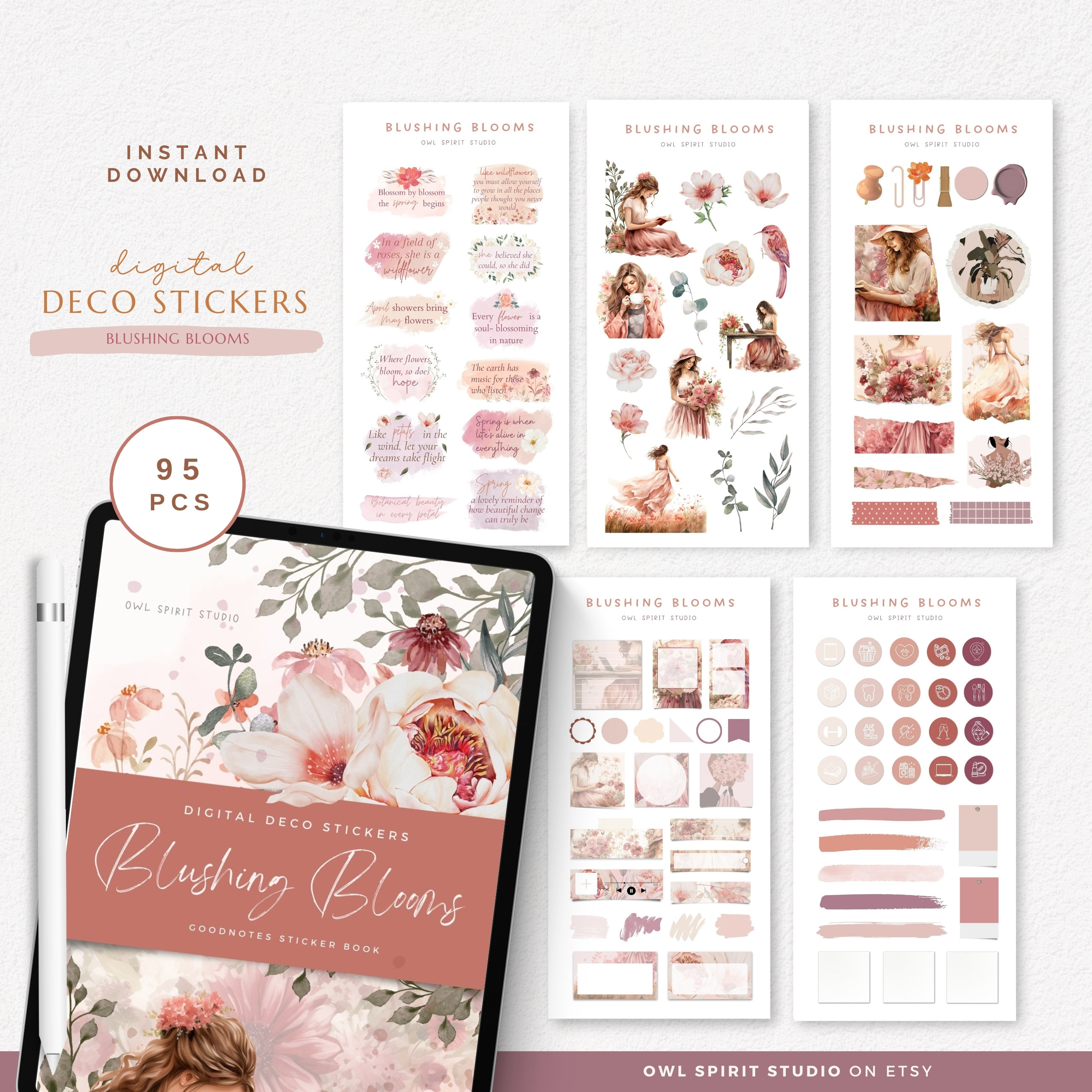 Spring Digital Stickers for Digital Planner, Botanical Planner Stickers ...