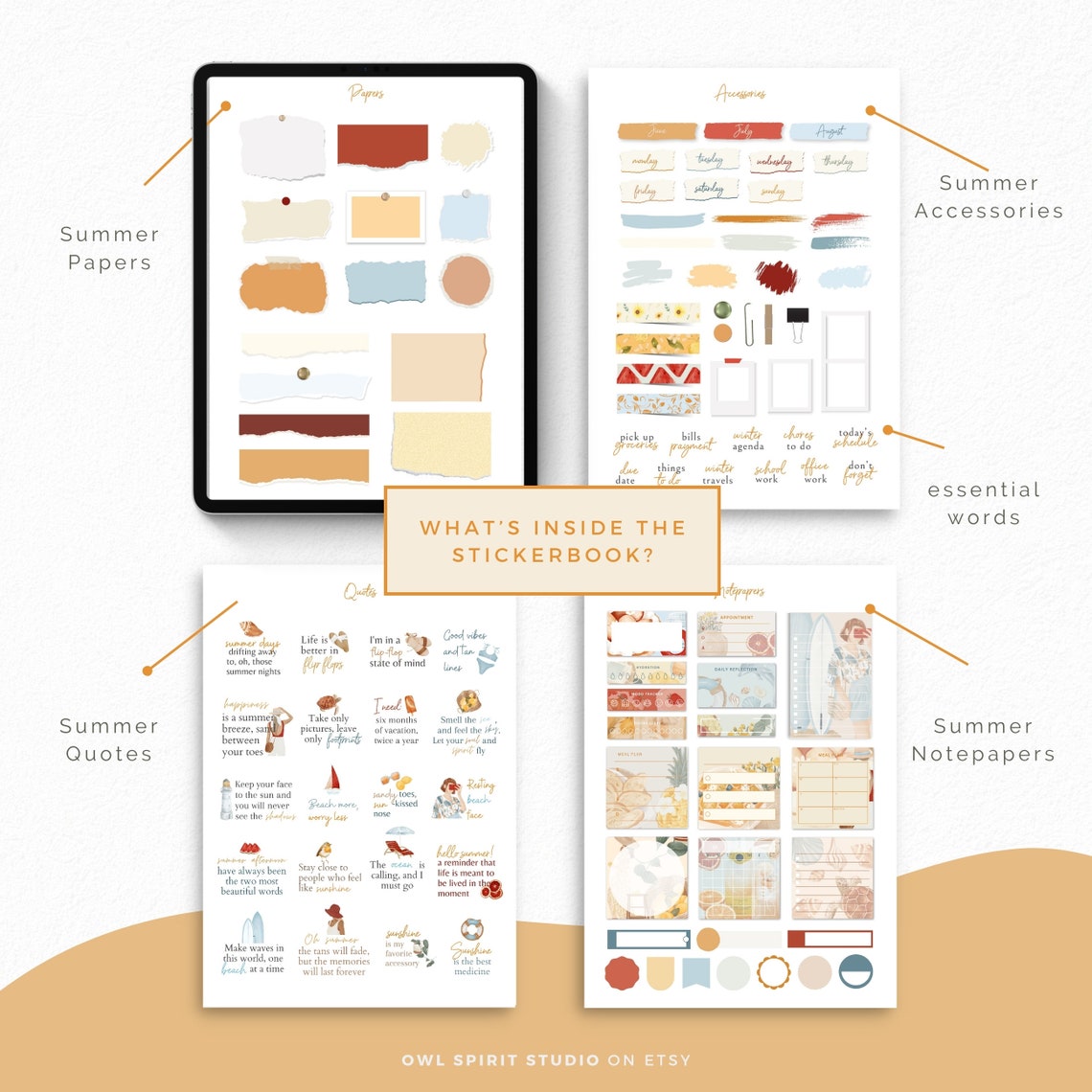 Aesthetic Summer Season Watercolor Digital Planner Stickers, Hand Drawn ...