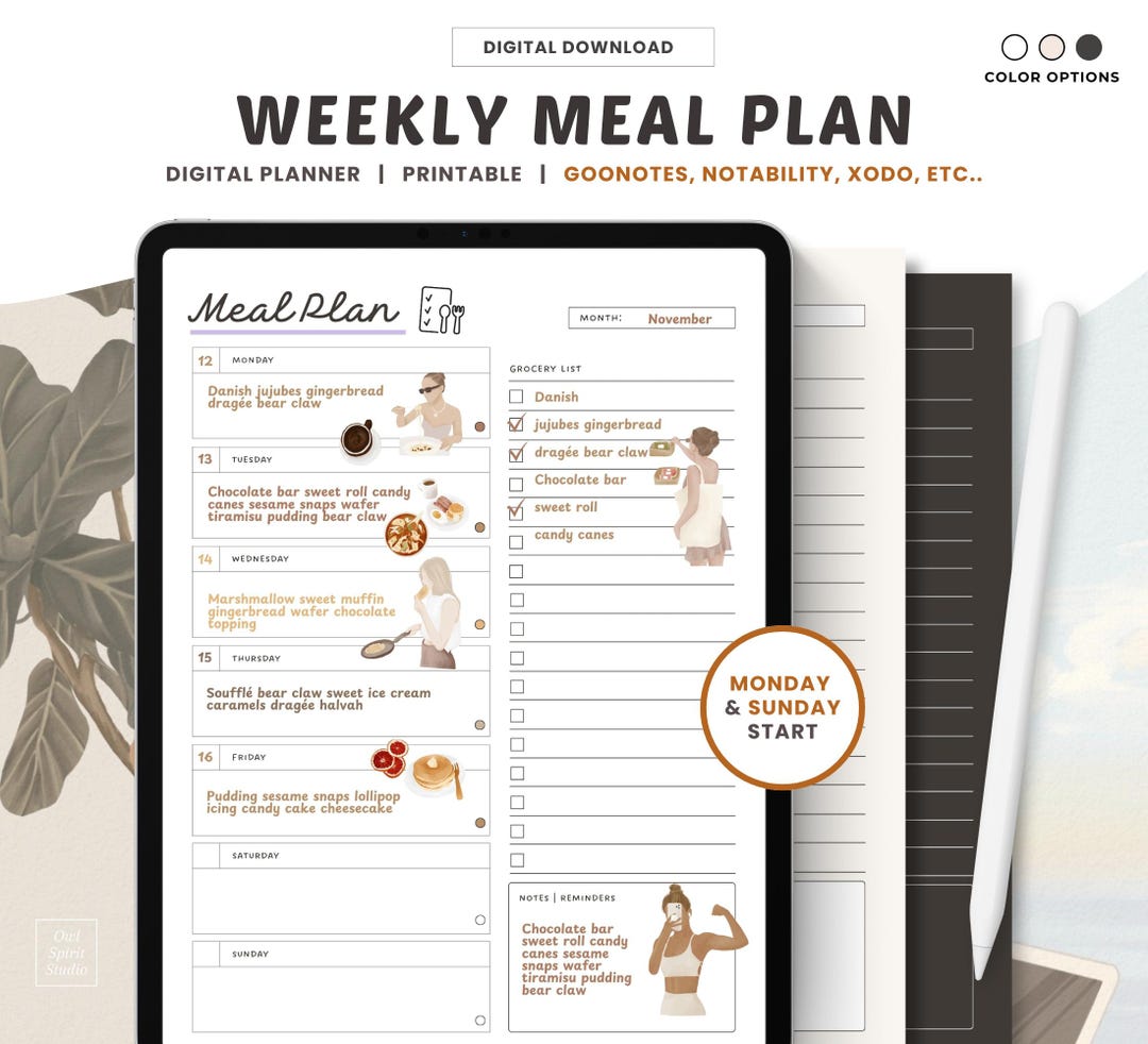Meal Planner, Digital Grocery List, Digital Planner Insert, Weekly Meal ...