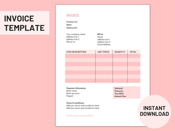 Invoice Template Invoice Template Download Printable Invoice | Etsy Canada