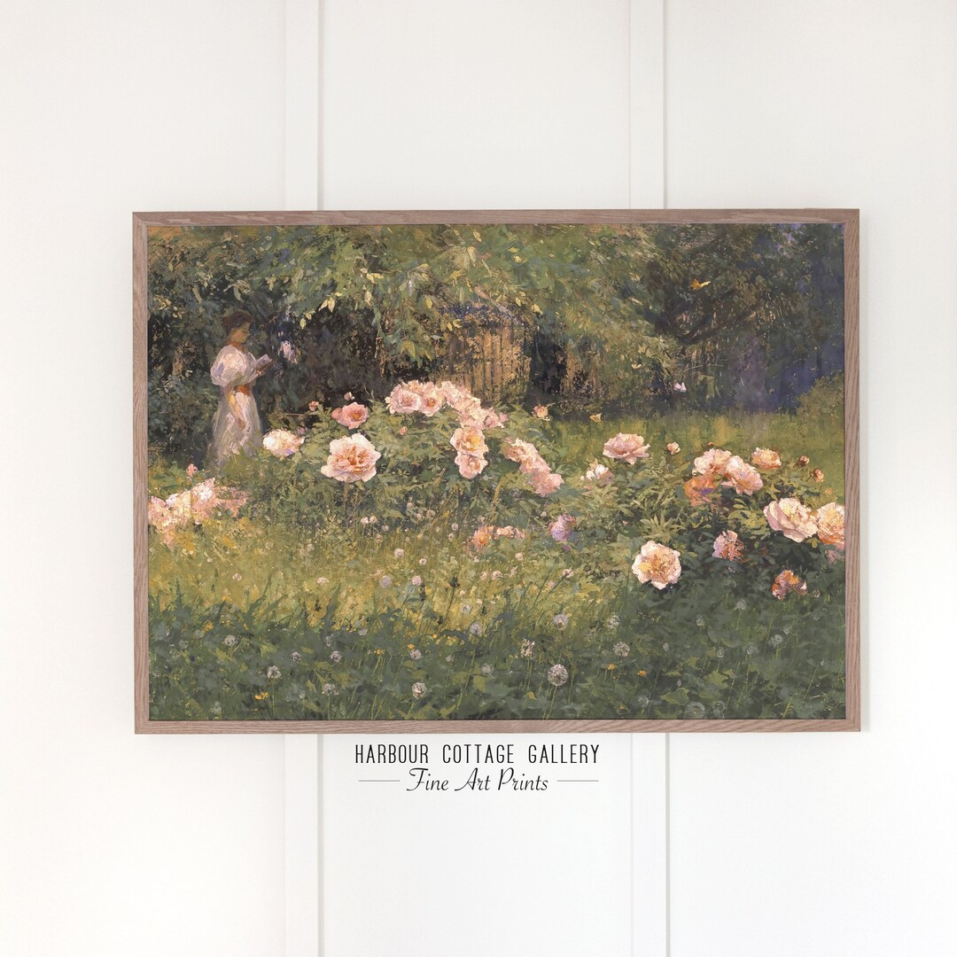 Summer Landscape Print, Roses and Garden Art Print, Cottagecore Art ...