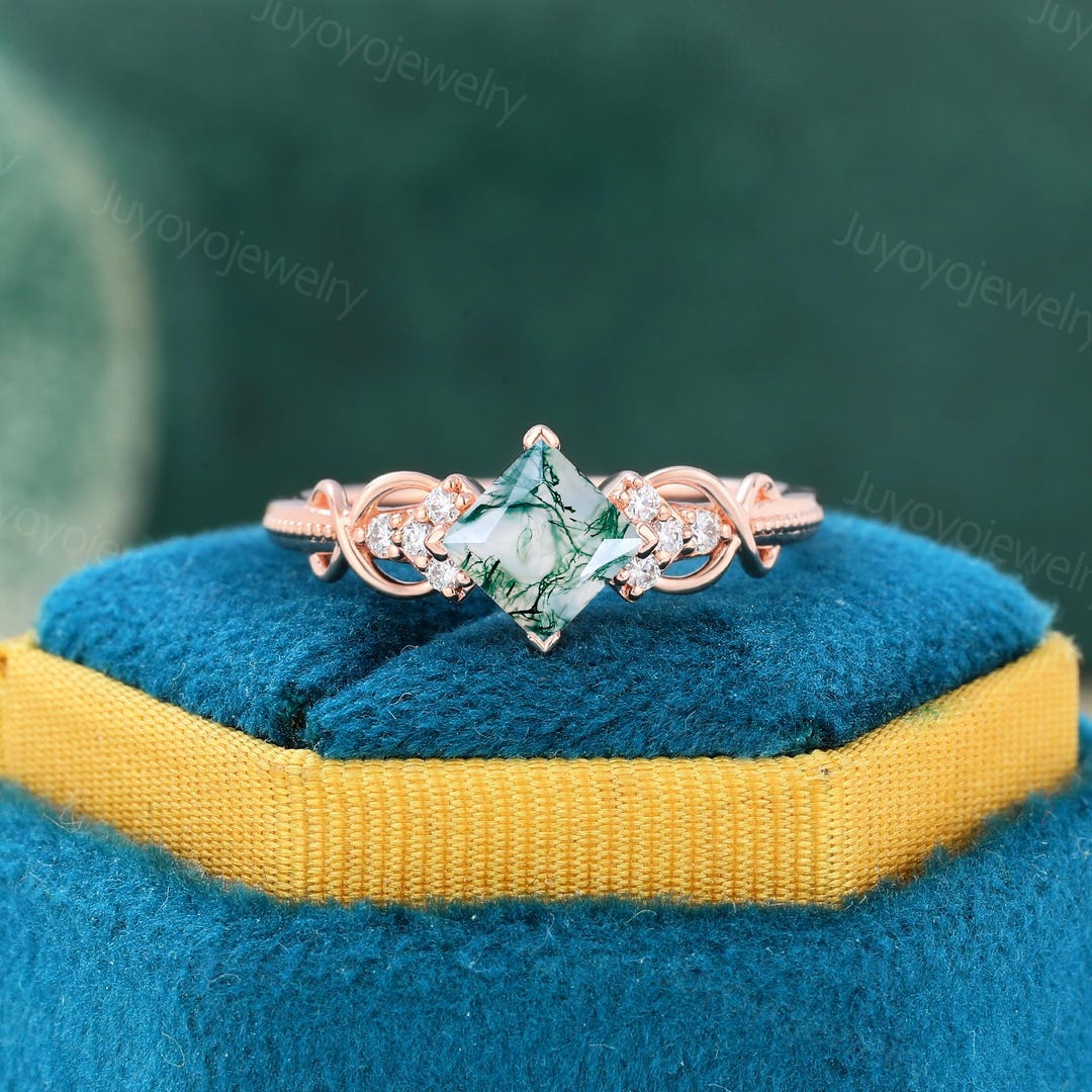 Princess Cut Moss Agate Engagement Ring Rose Gold Moissanite Ring ...