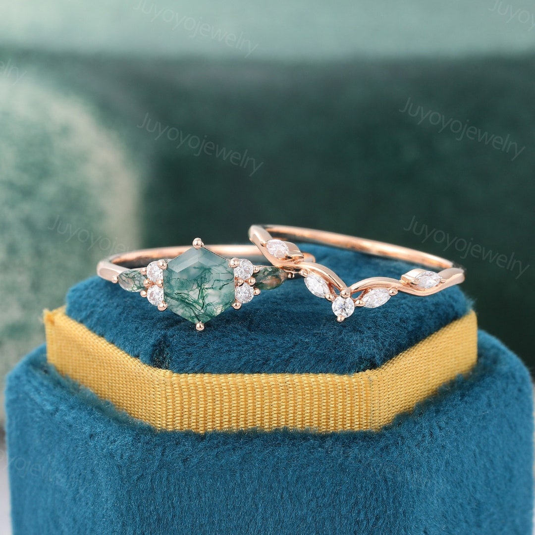 Hexagon Cut Green Moss Agate Engagement Ring Set Vintage Rose Gold ...