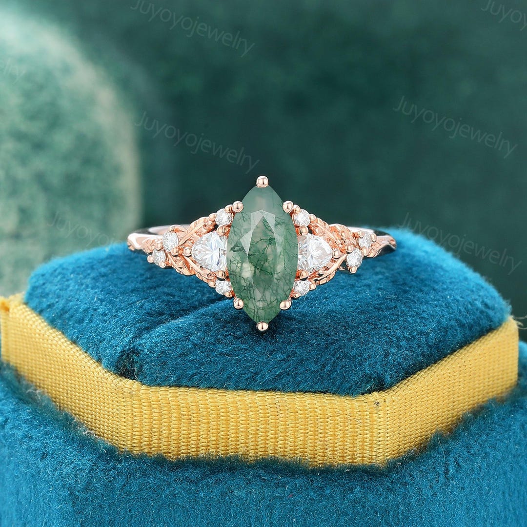 Nature Marquise Cut Moss Agate Vintage Engagement Ring Rose Gold ...