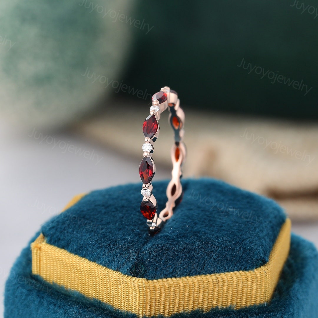 Full Eternity Garnet Wedding Band Rose Gold Moissanite Wedding Band ...