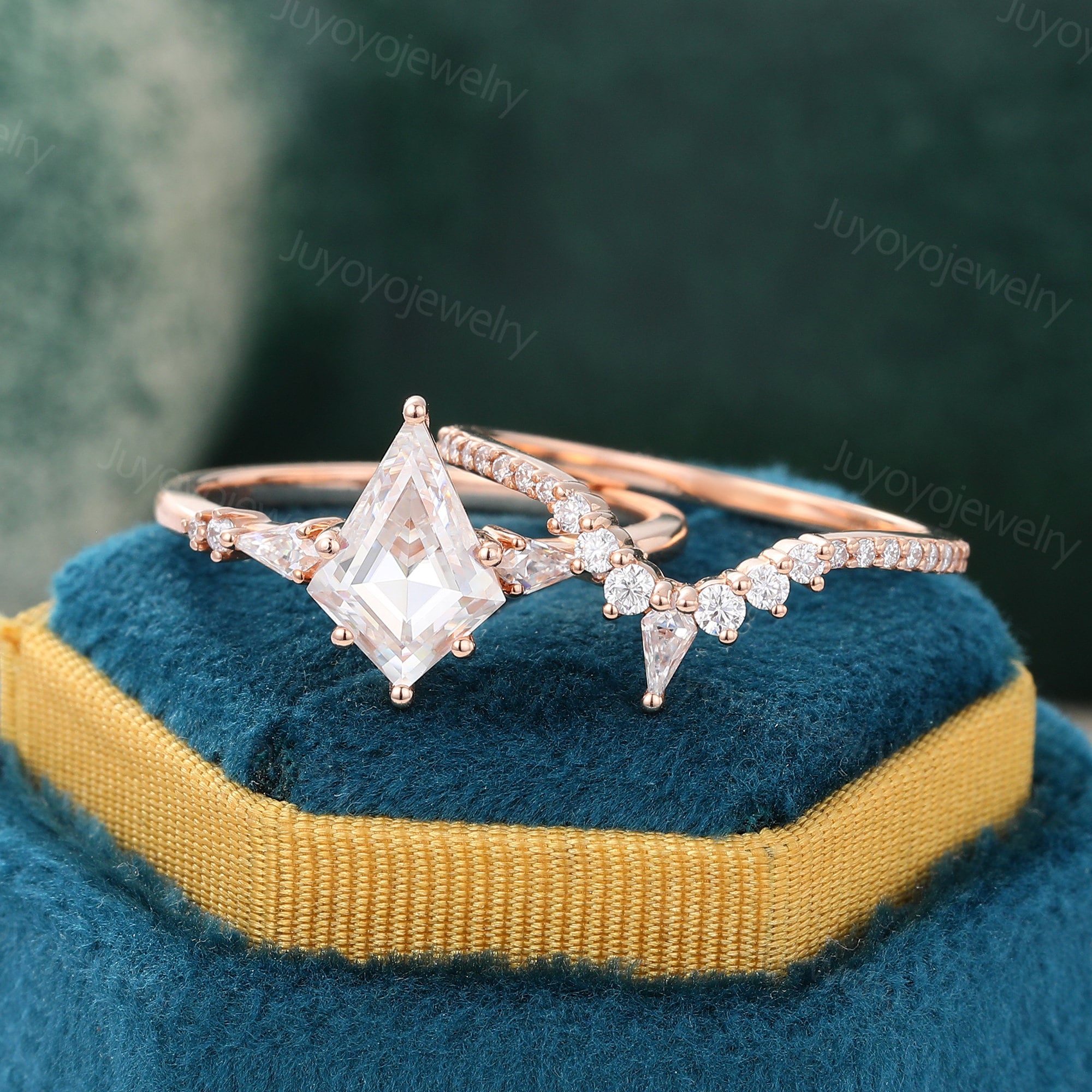 Kite Cut Moissanite Engagement Ring Set Vintage Rose Gold Engagement ...