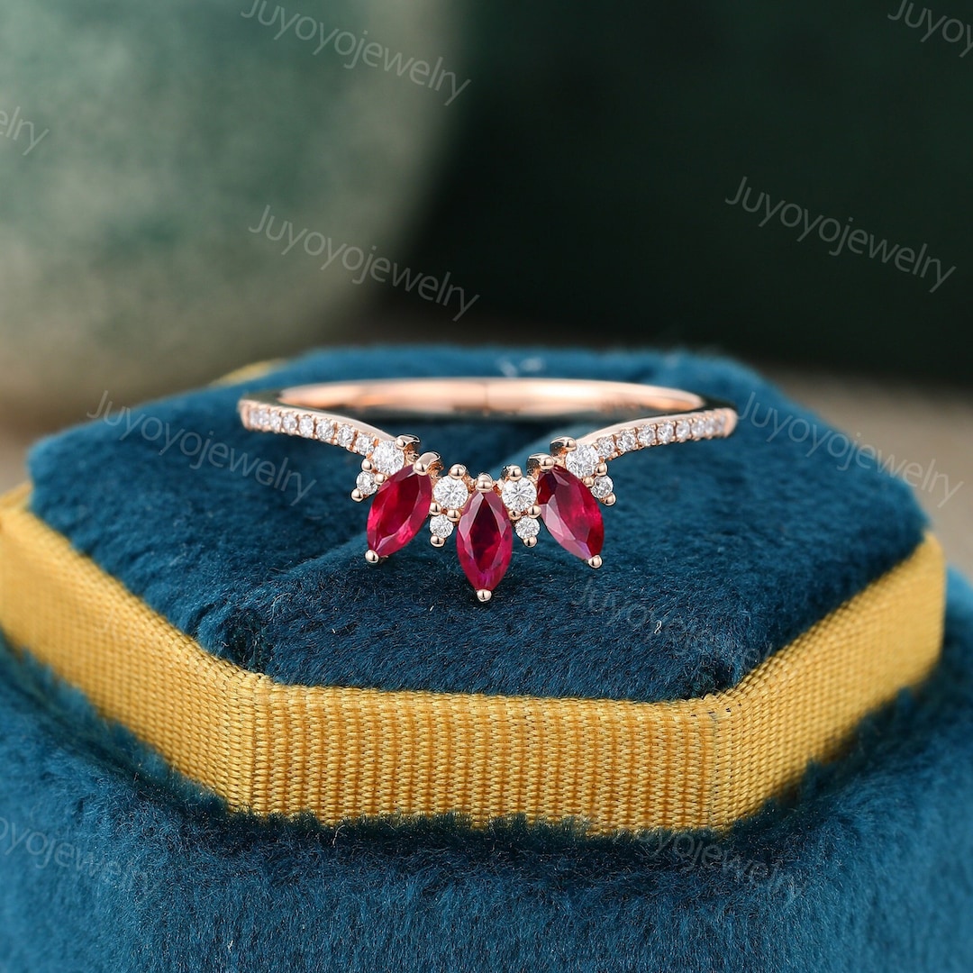 Dainty Marquise Cut Ruby Curved Wedding Band Vintage Rose Gold Diamond Ring Dainty Bridal ...