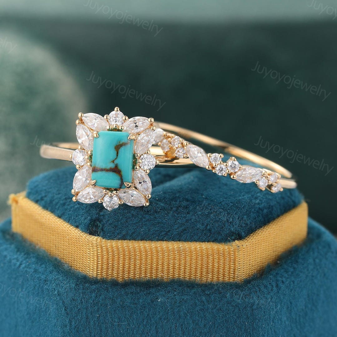 Emerald Cut Turquoise Engagement Ring Set Vintage Yellow Gold Bridal ...