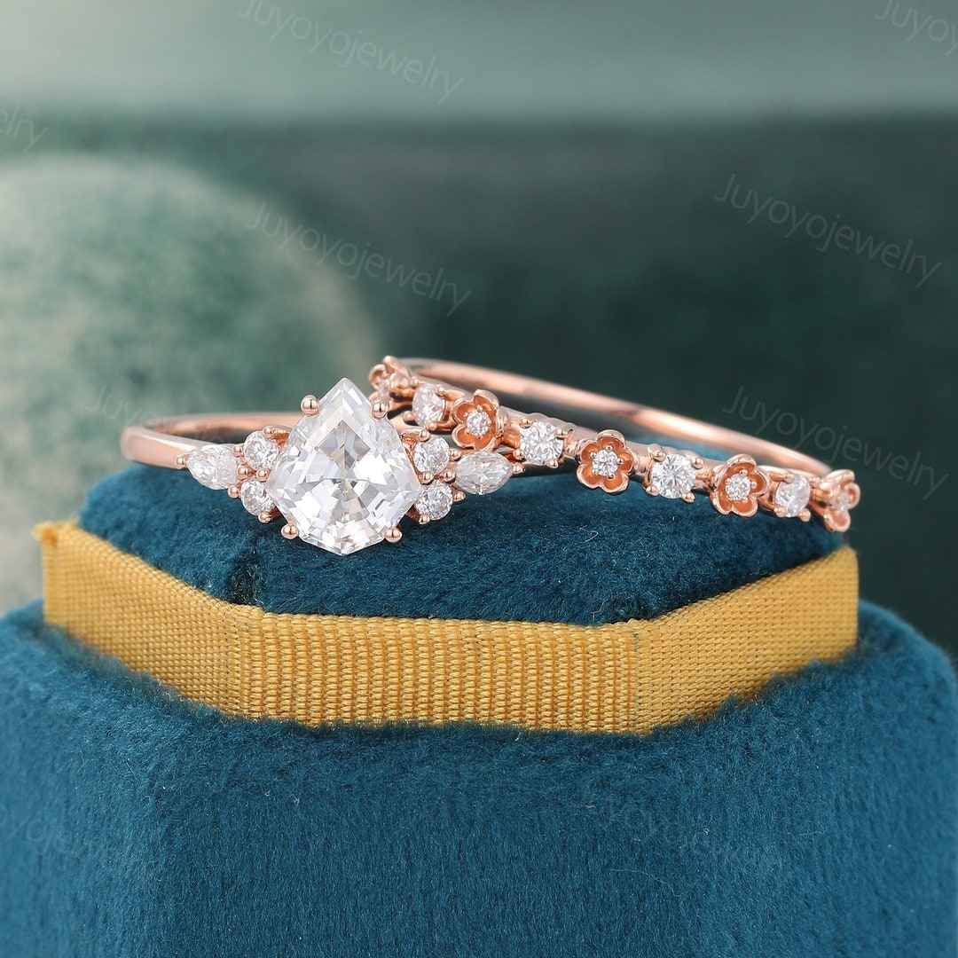 Shield Cut Moissanite Engagement Ring Set Rose Gold Cluster Ring ...
