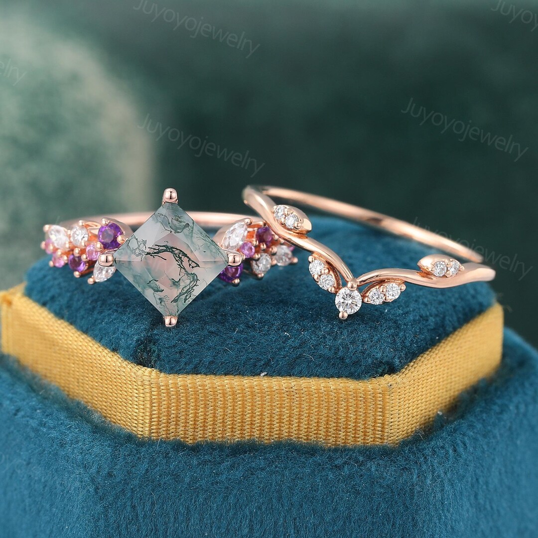 Princess Cut Moss Agate Engagement Ring Set Vintage Rose Gold Ring ...