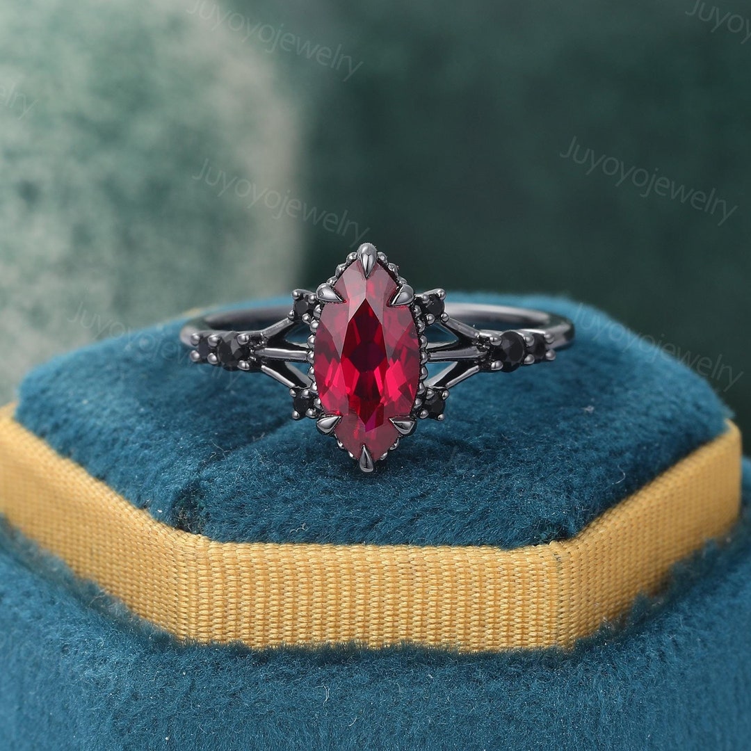 Marquise Cut Ruby Engagement Ring Black Gold Hollow-out Ring Unique ...