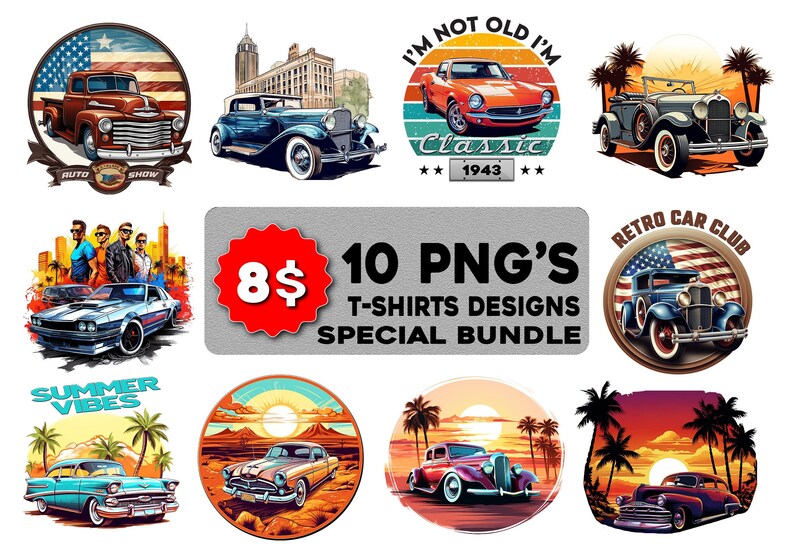 Vintage Car Designs, Classic Car Bundle Png, Old Car Bundle Png ...