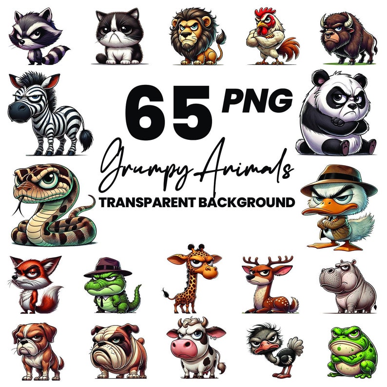 Funny Grumpy Animals PNG for Sublimation | Funny Animals Bundle Clipart ...