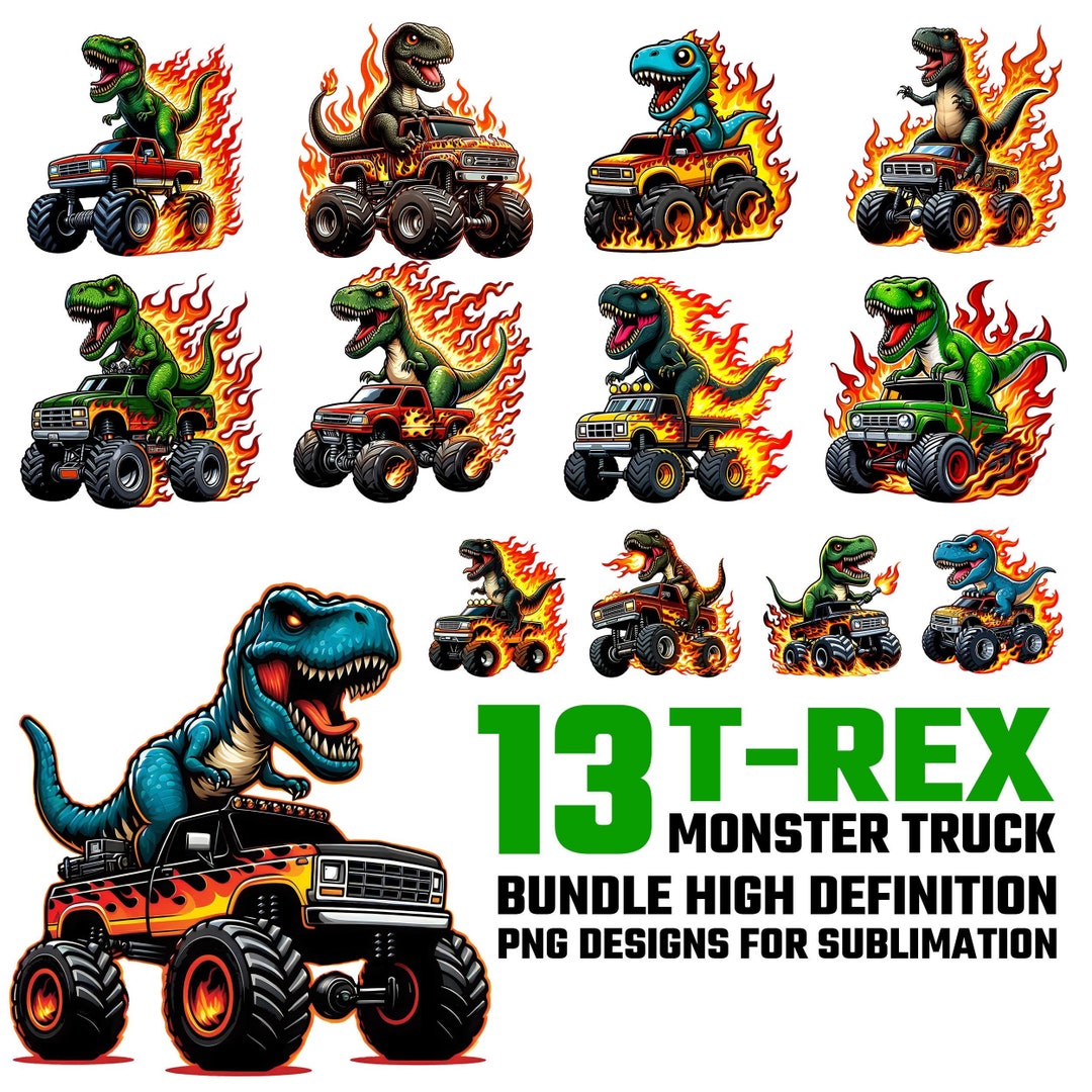 T-rex Dinosaur Monster Truck Bundle PNG for Sublimation Design Trex ...