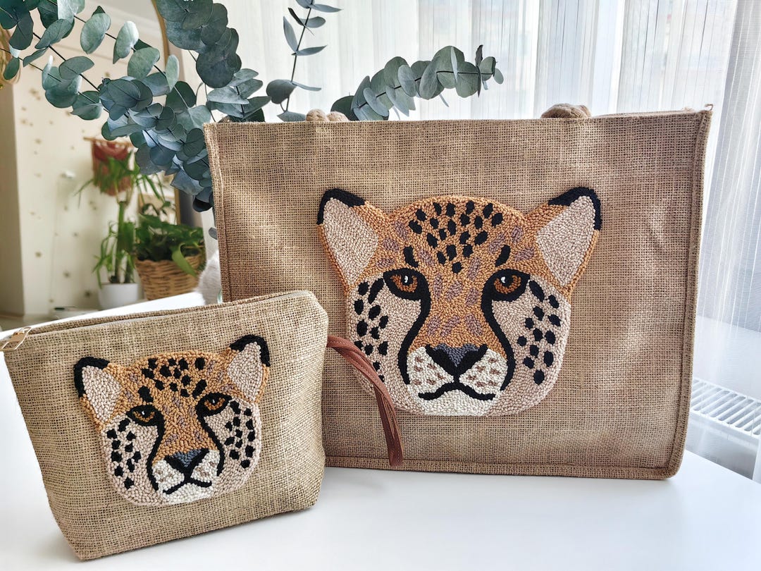 Handmade Punch Needle Jute Bag Set: Cheetah Design - Etsy