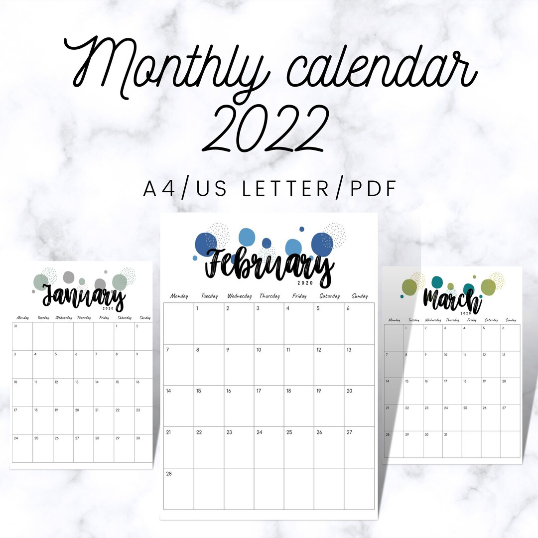 Printable Calendar 2022 monthly Calendar 2022 january Tu Etsy
