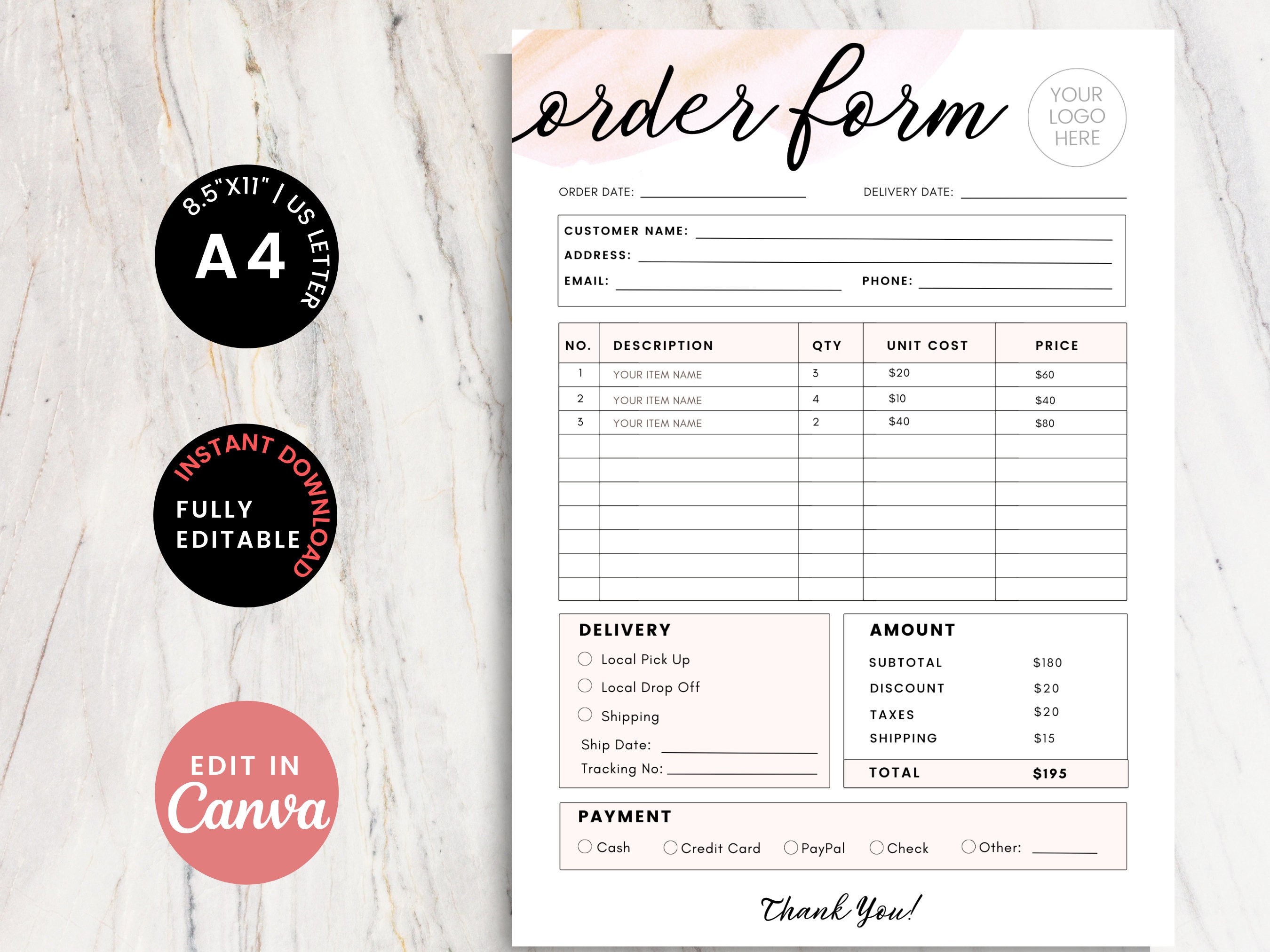 Pink Custom Order Form Template Fillable Order Form Invoice Template ...