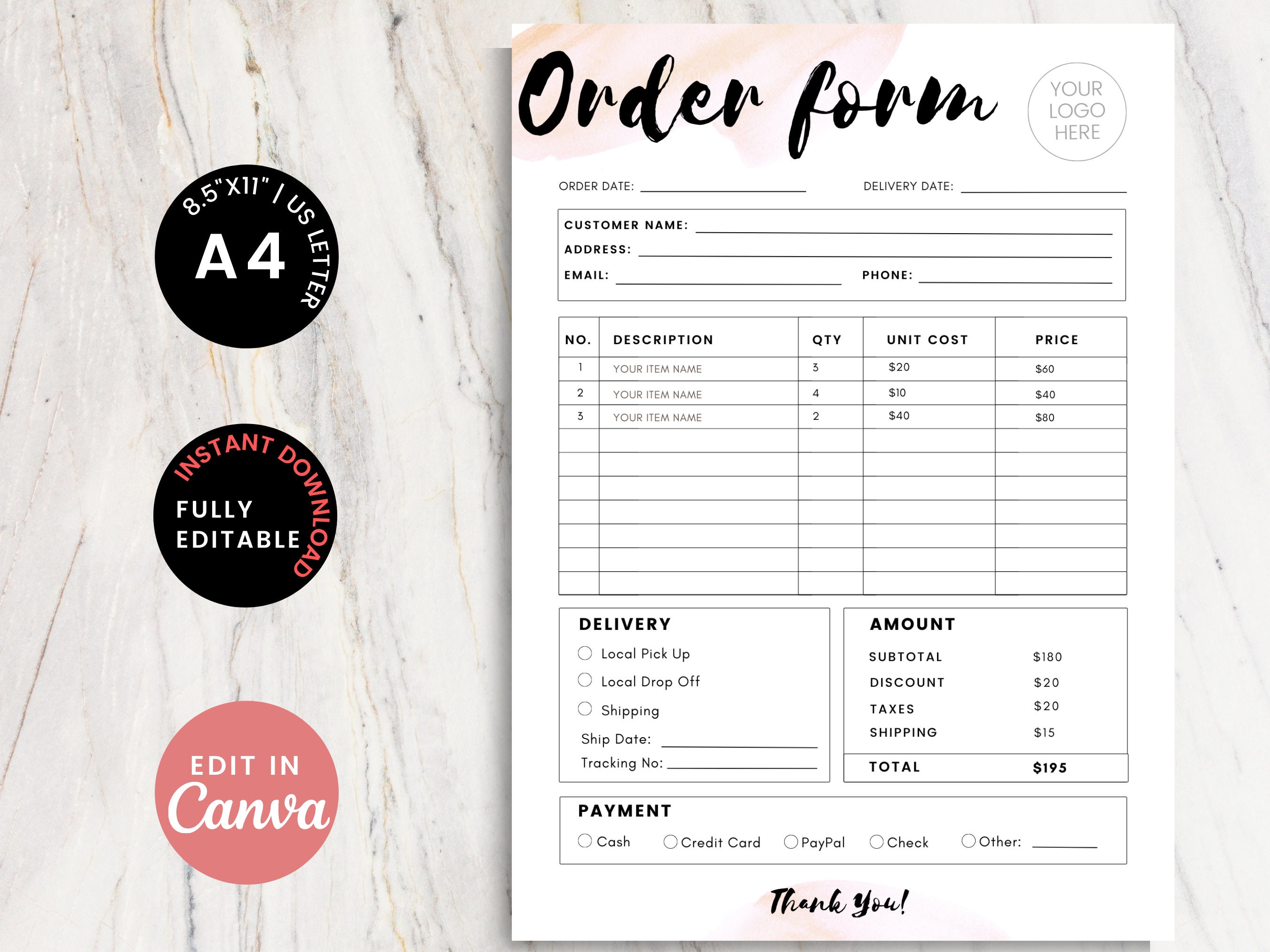 Pink Custom Order Form Fillable Order Form Invoice - Etsy