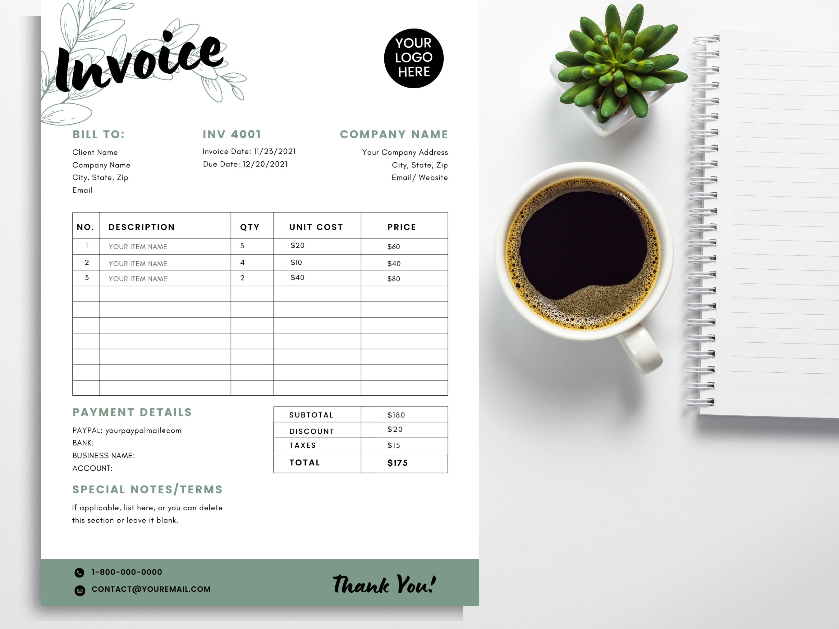 Pretty Invoice Template Download Minimal Invoice Simple - Etsy
