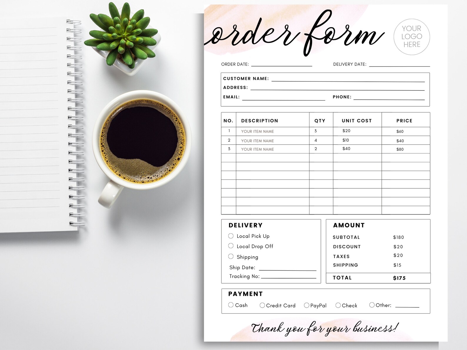 Pink Custom Order Form Template Fillable Order Form Invoice Template ...