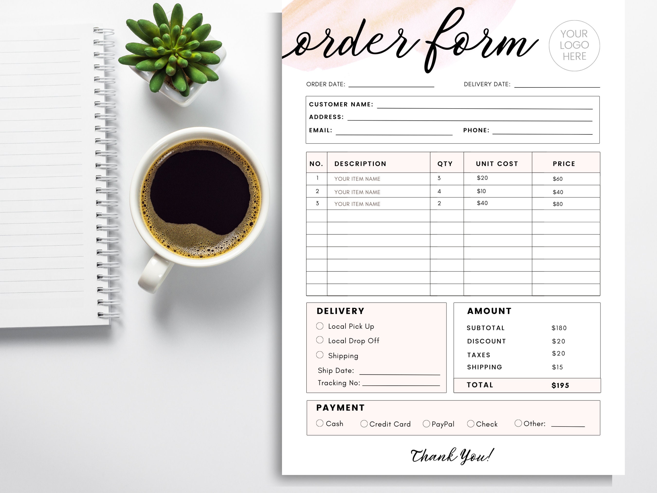 Pink Custom Order Form Template Fillable Order Form Invoice Template ...
