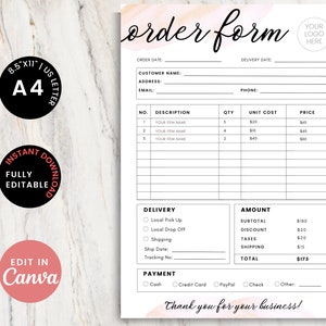 Pink Custom Order Form Template Fillable Order Form Invoice Template ...
