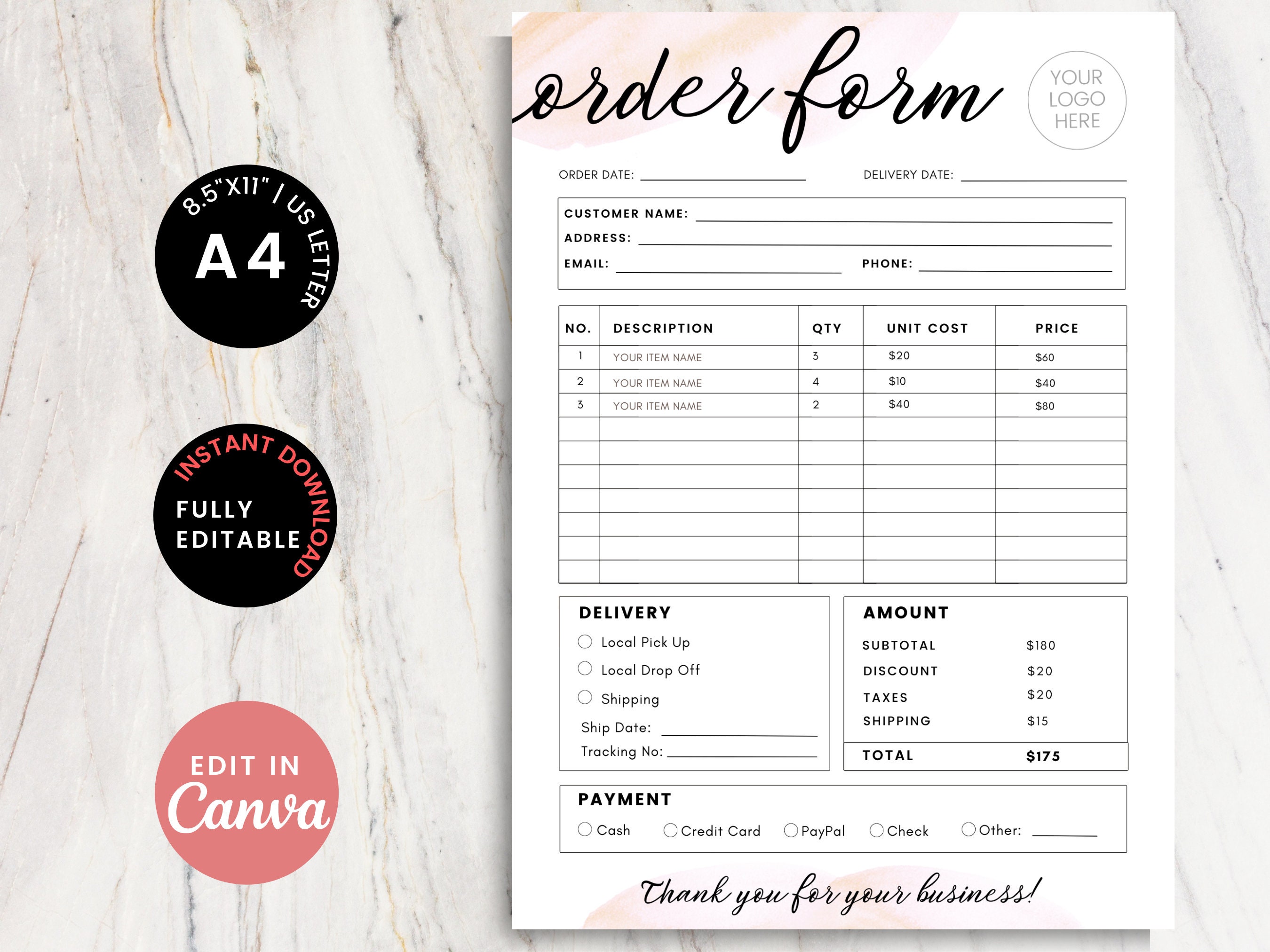 Pink Custom Order Form Template Fillable Order Form Invoice Template ...