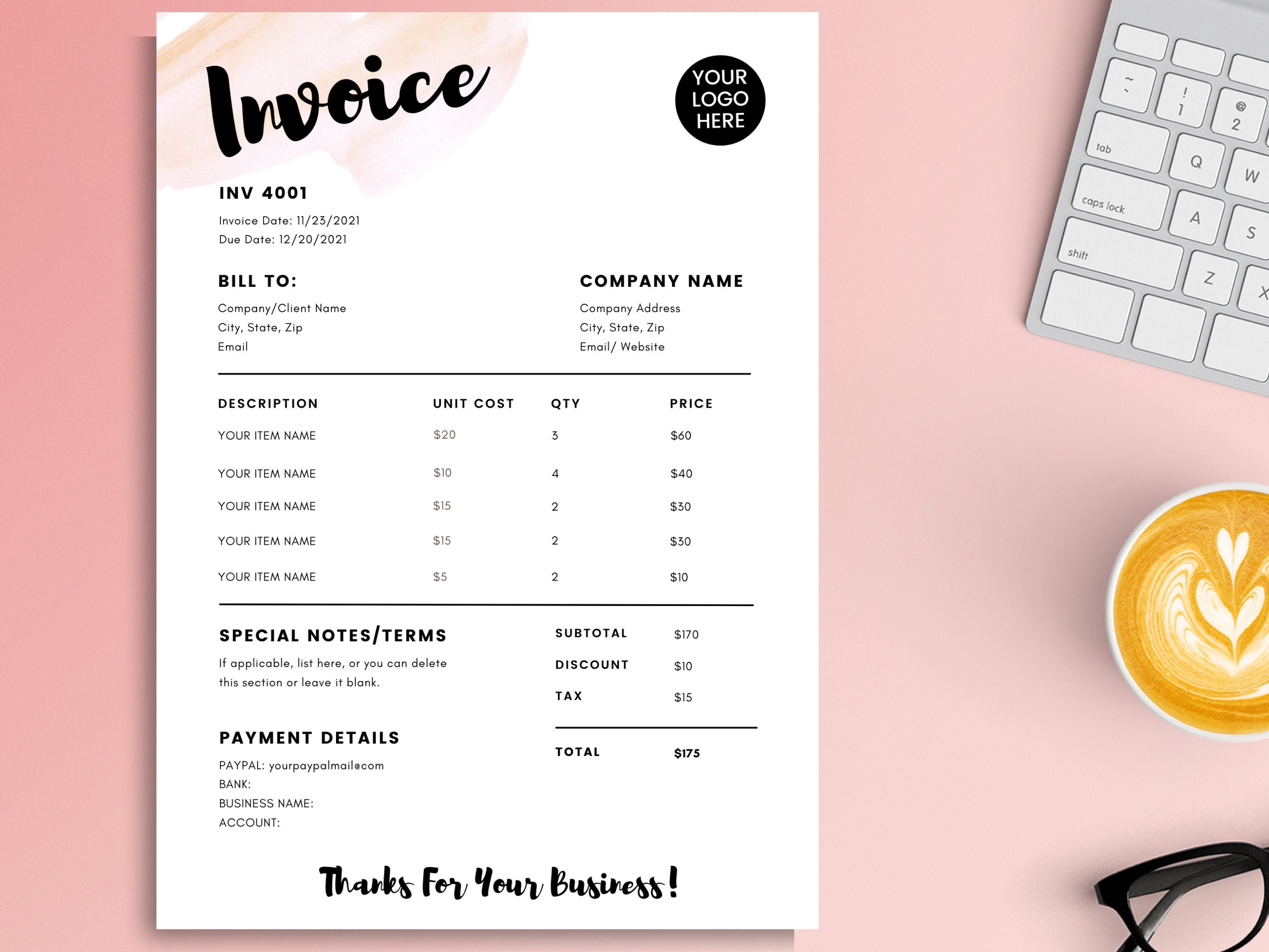 INVOICE Template Download Minimal Invoice Funky, Rose Watercolor Order ...