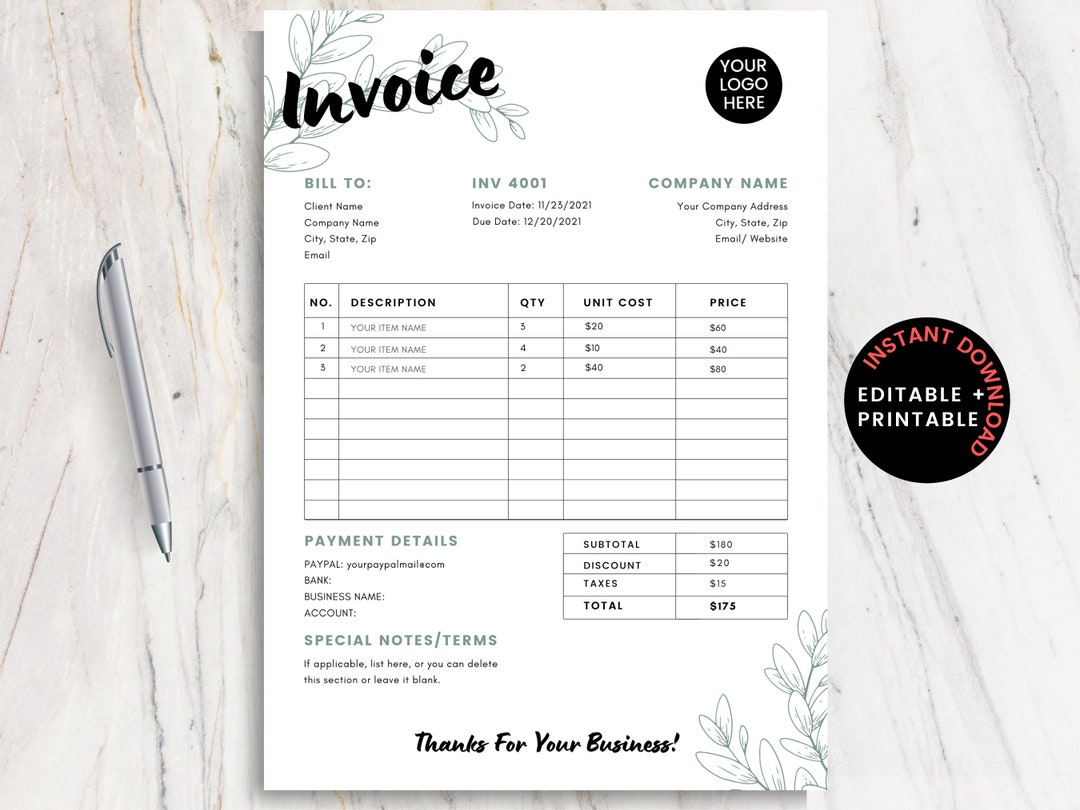 Pretty Invoice Template Download Minimal Invoice Simple - Etsy