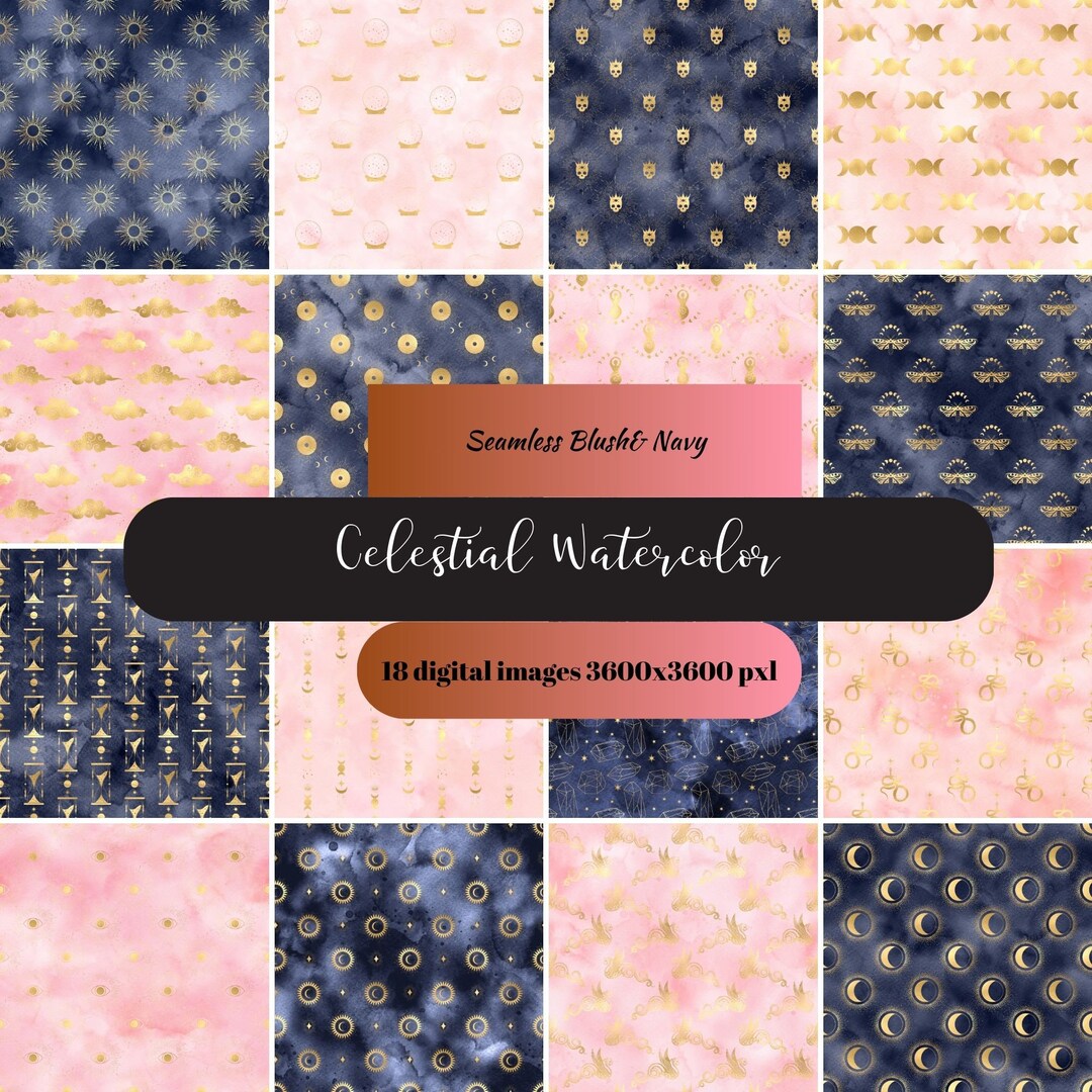 Blush and Navy Celestial Watercolor Digital Paper Printable Digital ...
