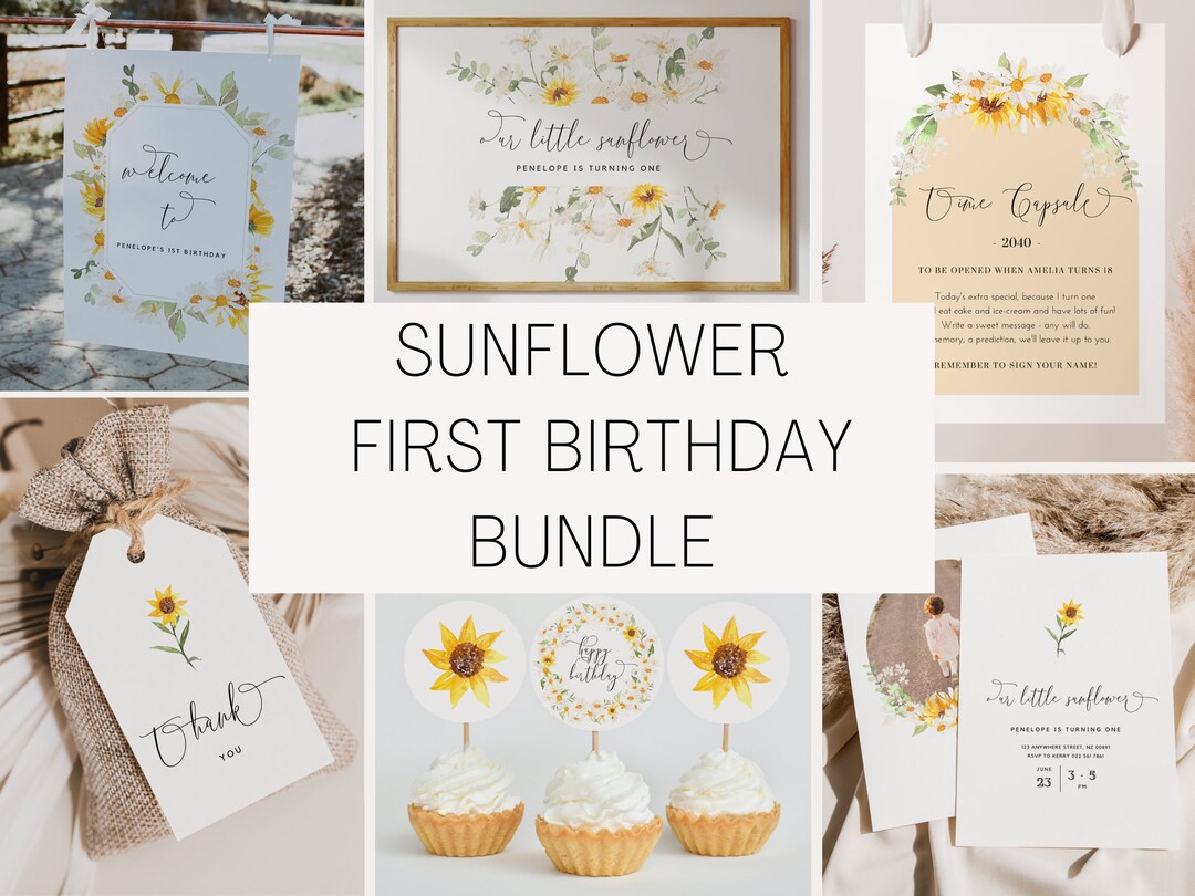 Sunflower First Birthday Invitation Bundle Sunflower Birthday Bundle ...