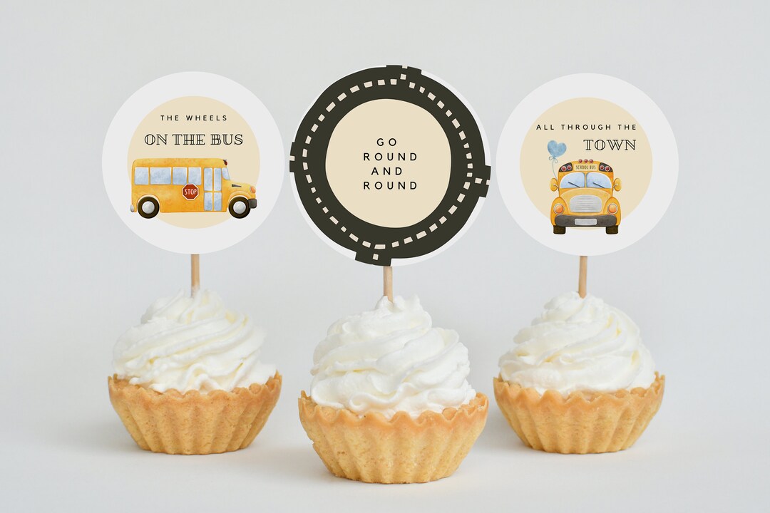 Wheels on the Bus Birthday Cupcake Toppers Yellow School Bus - Etsy